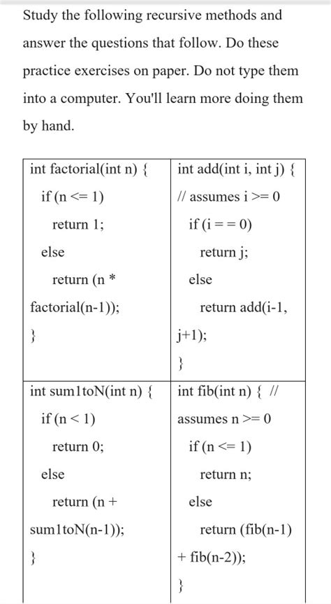 Solved Study The Following Recursive Methods And Answer The Chegg Com