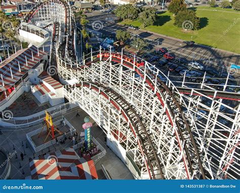 Aerial View Iconic Giant Dipper Roller Coaster In Belmont Park San