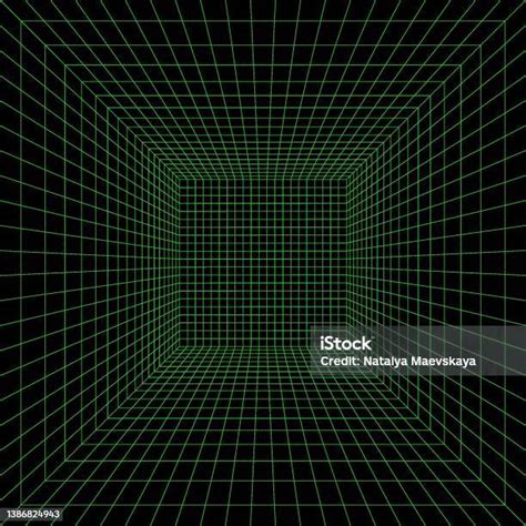 원근의 그리드 룸 3d 스타일의 벡터 일러스트레이션 녹색 선 템플릿 내부 사각형 디지털 빈 상자에서 실내 와이어 프레임 검은 색 배경에 레이저 빔 0명에 대한 스톡 벡터