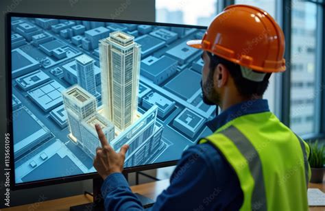 Engineer Examines Digital Twin Of Construction Project On Computer Screen Advanced Modeling