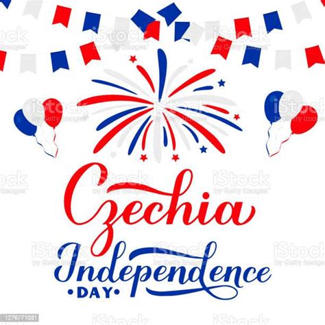 체코 독립 기념일 서예 손 깃발과 불꽃 놀이와 문자 체코 휴일은 10 월 28 일에 축하 타이포그래피 포스터 배너 인사말 카드 전단지 등을 위한 벡터 템플릿 10월에 대한