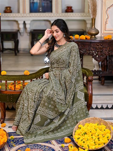 Green Varli Block Print Pure Cotton Saree Jaipur Tex