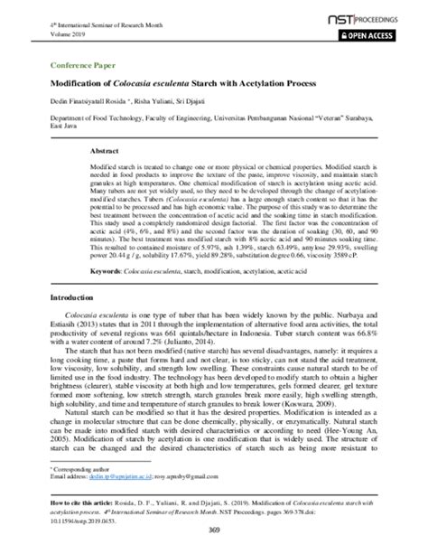 Pdf Modification Of Colocasia Esculenta Starch With Acetylation Process