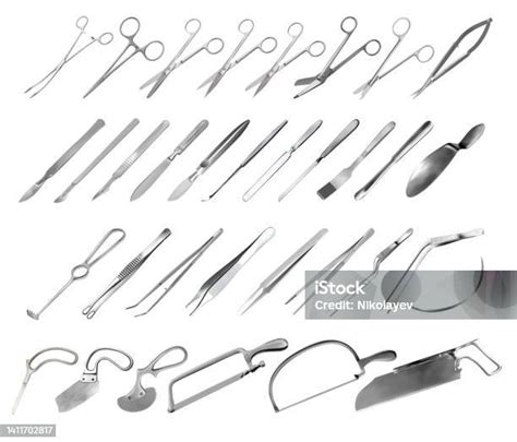수술 도구 세트 핀셋 메스 톱 절단 나이프 미세 수술 포셉 및 클램프 복부 주걱 후크 바늘 다른 모양과 목적의 가위 벡터 메스 수술 장비에 대한 스톡 벡터 아트 및 기타