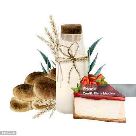 수채화 Shavuot 기호 인사말 카드 템플릿에는 우유병 밀 딸기 치즈 케이크 할라 빵 유칼립투스 잎이 있습니다 손으로 그린