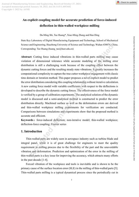 Pdf An Explicit Coupling Model For Accurate Prediction Of Force Induced Deflection In Thin