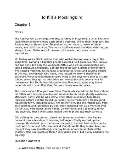 To Kill A Mocking Bird Notes And Questions Pdf To Kill A Mockingbird