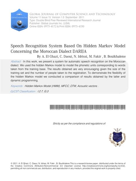 Pdf Speech Recognition System Based On Hidden Markov Model Concerning The Moroccan Dialect Darija