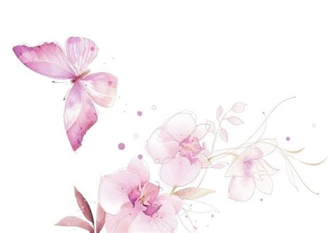 Watercolor Flower Art With Pink Flowers And Butterflies