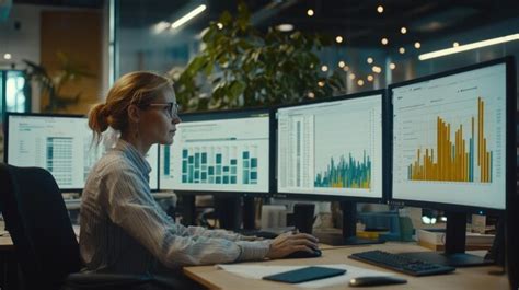 A Focused Woman Is Engaged In Data Analysis While Sitting At Her Desk Surrounded By Multiple