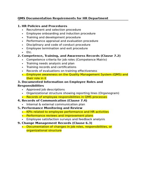 Qms Documentation Requirements For Hr Department Pdf