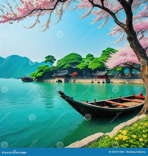 Junk Boat At Ocean With Tree And Stock Illustration Illustration Of