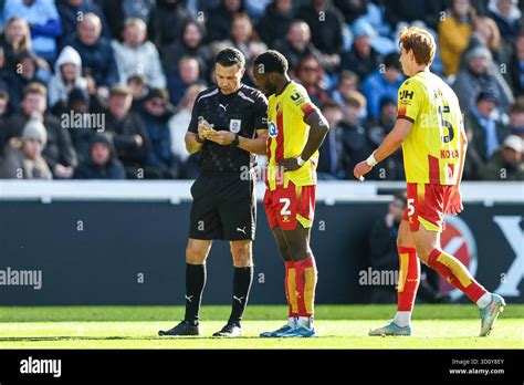 Referee Dean Whitestone Notes A Name In His Book During The Sky Bet Championship Match Between