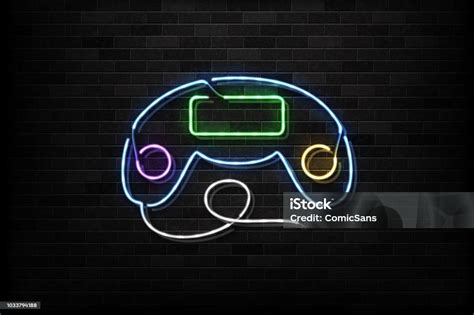 현실적인 벡터 고립 벽 바탕에 장식 위한 컨트롤러 로고의 네온 사인 게임 및 컴퓨터 레저의 개념입니다 Brand Name Video Game에 대한 스톡 벡터 아트 및 기타