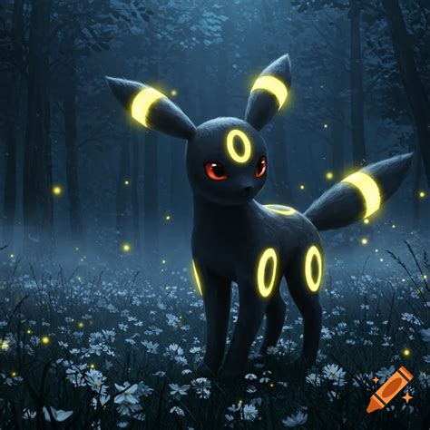 A Dark Umbreon With Glowing Yellow Rings Stands In A Magical Moonlit