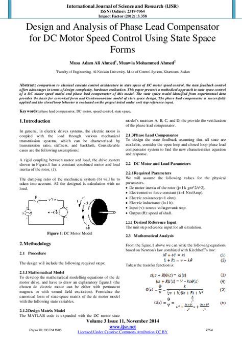 Pdf Design And Analysis Of Phase Lead Compensator For Dc Motor Speed Control Using State Space