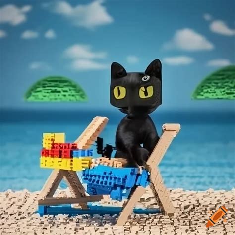 Lego Black Cat Relaxing On A Beach Chair By The Ocean On Craiyon