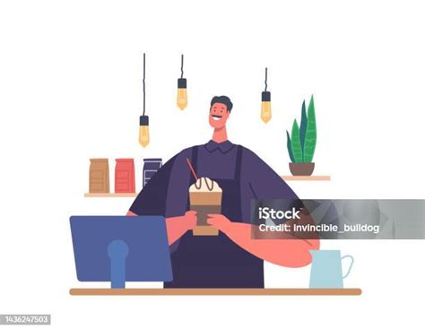 커피 양조 개념 앞치마를 입은 바리스타의 손에 갓 양조 한 음료 바텐더 캐릭터 홀드 카푸치노 컵 계산원에 대한 스톡 벡터 아트