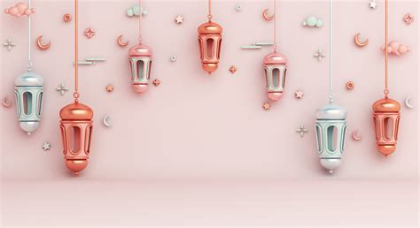 랜턴과 초승달 만화 스타일 라마단 카림 Mawlid 이프타르 이스라 미라즈 이드 알 피르 아드하 무하람 복사 공간 텍스트 영역 3d 일러스트와 이슬람 장식 배경