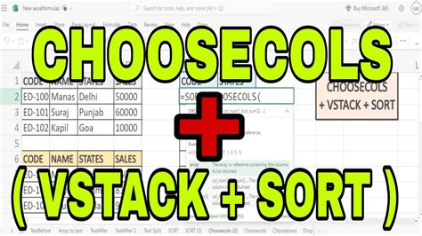 Choosecols With Vstack And Sort Function In Excel Youtube