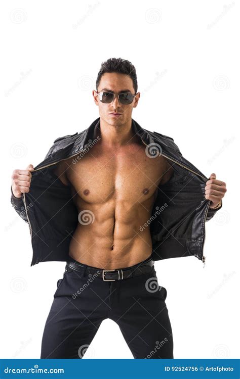 Handsome Young Man Wearing Leather Jacket On Naked Torso Isolated