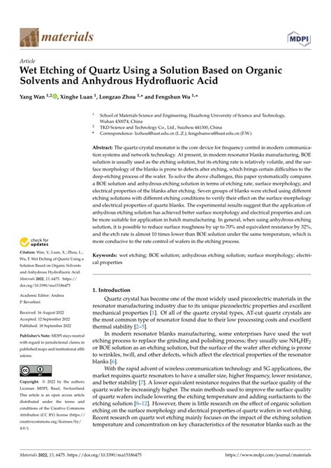 Pdf Wet Etching Of Quartz Using A Solution Based On Organic Solvents And Anhydrous