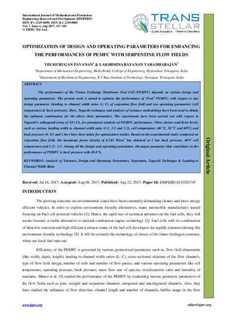 Pdf Optimization Of Design And Operating Parameters For Enhancing The Performances Of Pemfc