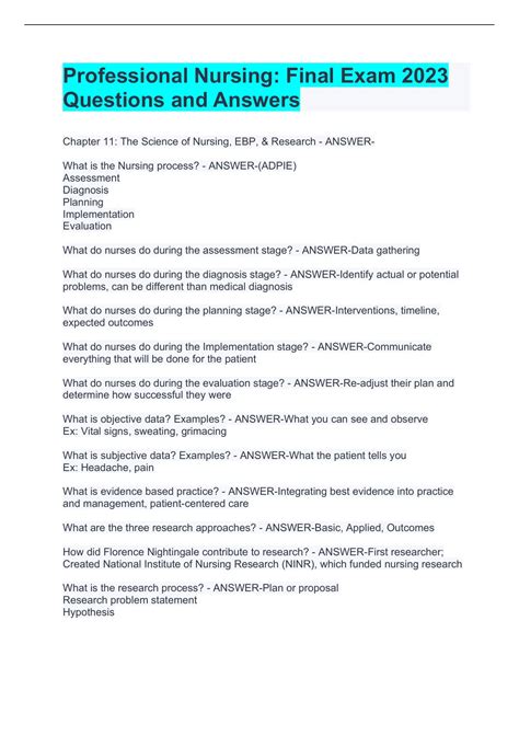 professional nursing final exam 2023 questions and answers nursing