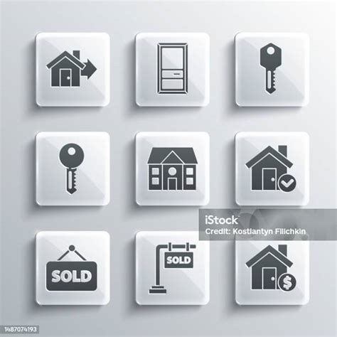 판매 하우스 달러 기호 확인 표시 텍스트 열쇠 판매 집 및 아이콘으로 교수형 기호를 설정합니다 벡터 개념에 대한 스톡 벡터 아트