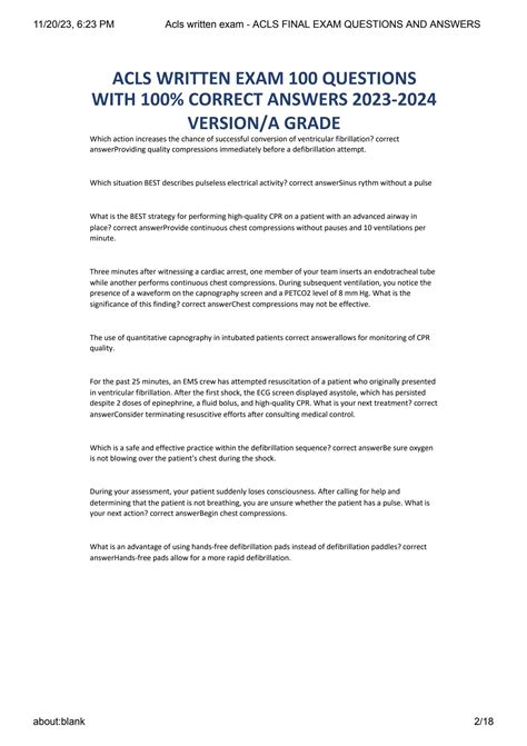 Solution Acls Written Exam Acls Final Exam Questions And Answers Hesi A2 Entrance Exam