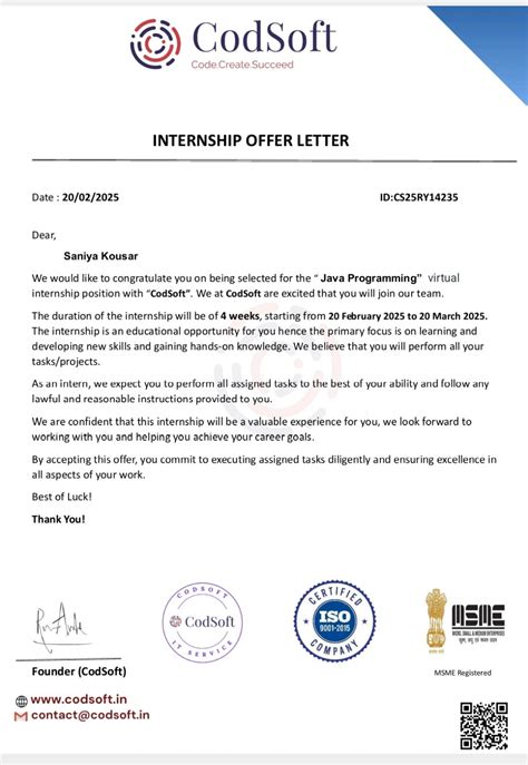 Excited To Share That I Have Received An Offer Letter For A Java Programming Internship From