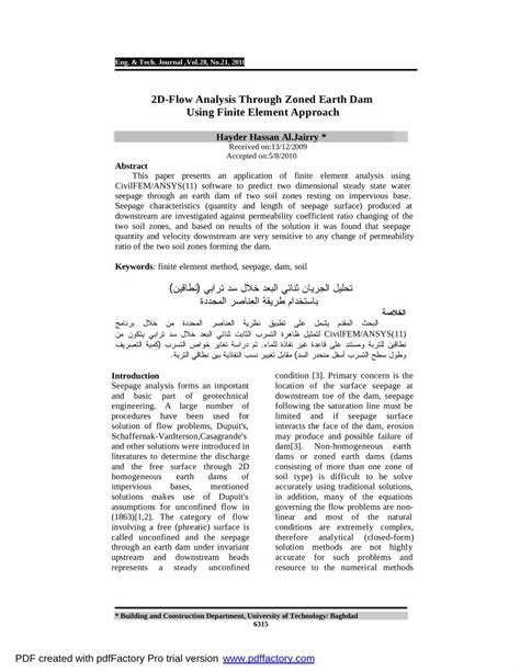 pdf 2d flow analysis through zoned earth dam using finite · pdf