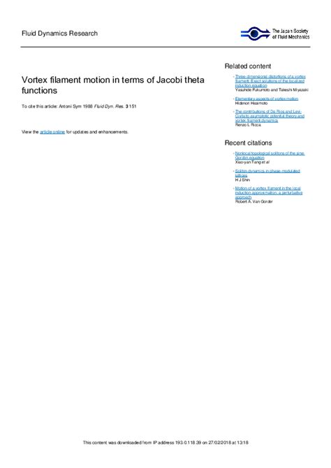 Pdf Fluid Dynamics Research Vortex Filament Motion In Terms Of Jacobi Theta Functions