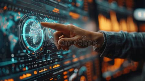 Hand Interacting With Futuristic Global Data Interface Stock