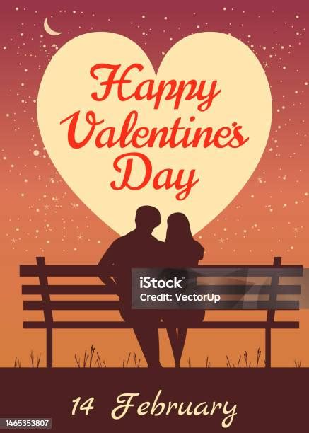 해피 발렌타인 데이 포스터 복고풍 밤에 벤치에 실루엣 사랑하는 커플 2명에 대한 스톡 벡터 아트 및 기타 이미지 2명