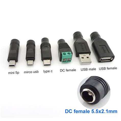 USB Mini 5pin A Male Female Mirco Type C To Dc Female Connector 5 5x2 1mm Power Charger