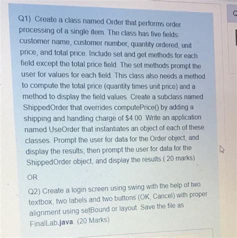 Solved Q1 Create A Class Named Order That Performs Order Chegg