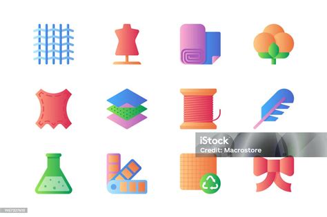 패브릭 아이콘은 컬러 평면 디자인으로 설정됩니다 섬유 마네킹 면화 식물 패턴 실 깃털 플라스크 팔레트 샘플 재료 및 기타 팩 웹 사이트 및 모바일 앱에 대한 벡터 픽토그램