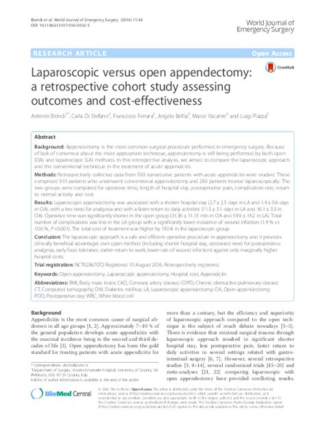 Pdf Laparoscopic Versus Open Appendectomy A Retrospective Cohort