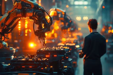 Robotic Arms Assemble Products In A Factory While A Human Worker