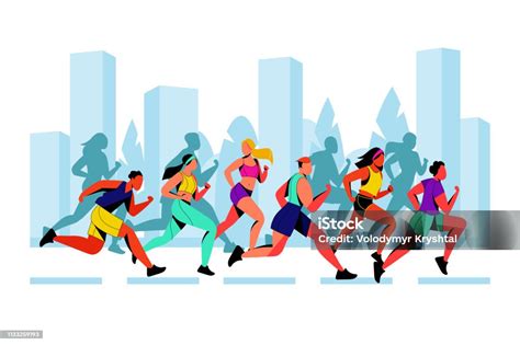 도시 마라톤 벡터 평면 그림입니다 도시 배경에 대해 다채로운 사람들을 실행 합니다 야외 스포츠 개념 포스터에 대한 스톡 벡터 아트 및 기타 이미지 Istock