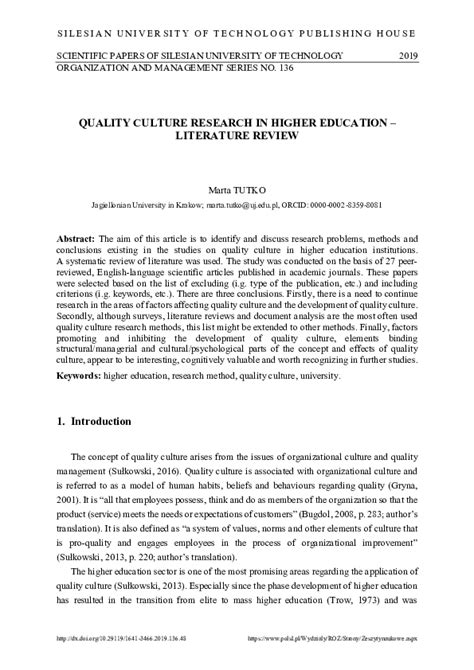 Pdf Quality Culture Research In Higher Education Literature Review