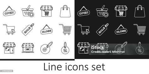 라인 할인 퍼센트 태그 쇼핑 카트 쇼핑이있는 시장 상점 가격 판매 커서 교수형 표지판 열린 문 닫기 및 새로 고침 바구니 아이콘을 설정합니다 벡터 0명에 대한 스톡 벡터