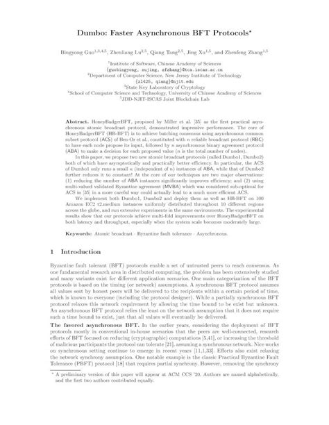 Pdf Dumbo Faster Asynchronous Bft Protocolsmulti Valued Validated Byzantine Agreement Mvba