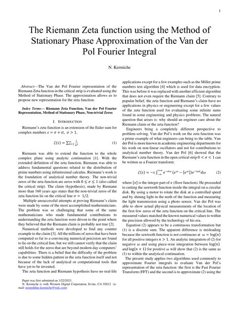 Pdf The Riemann Zeta Function Using The Method Of Stationary Phase Approximation Of The Van