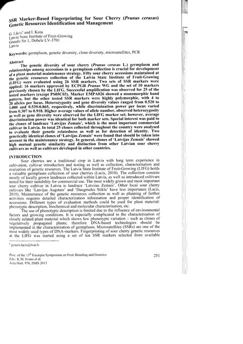 Pdf Ssr Marker Based Fingerprinting For Sour Cherry Prunus Cerasus Genetic Resources