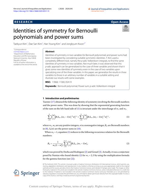 Pdf Identities Of Symmetry For Bernoulli Polynomials And Power Sums