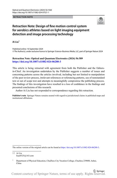 Retraction Note Design Of Fine Motion Control System For Aerobics Athletes Based On Light