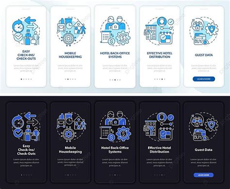 Onboarding Screen For Mobile App With Hotels Pms In Night And Day Mode