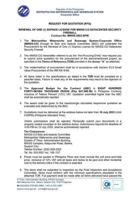 Request For Quotation Renewal Of One 1 Sophos License For Mwss Co
